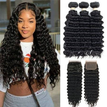 Human Hair Deep Wave 3 Bundles & 4x4 Closure - Hair Packages - IS