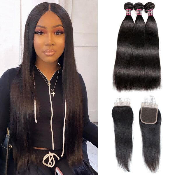 Human Hair Straight 3 Bundles & 4x4 Closure - Hair Packages - IS